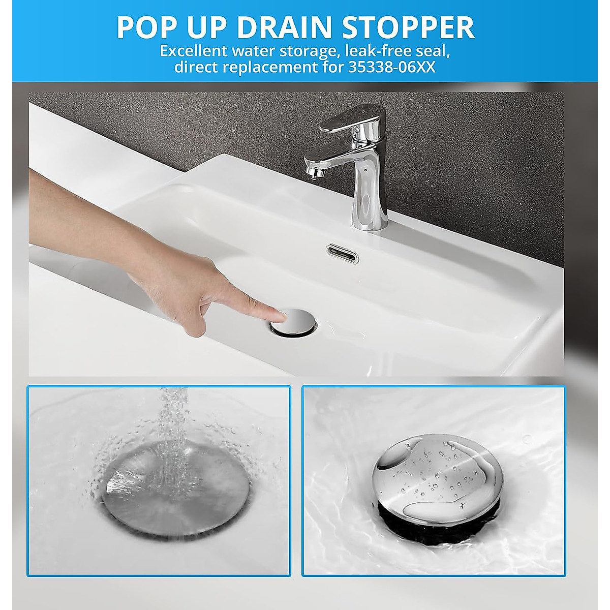 LukeTarp Polished Chrome 972098A Bathroom Sink Push & Seal Pop Up Drain Stopper Assembly,Part number is 35338-06XX,Sealed and Durable