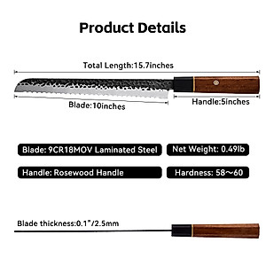 AmHoo Bread Knife 10-inch 9CR18MOV High Carbon Stainless Steel Professional Hand Forged Ultra Sharp Serrated Handle Rosewood for Homemade Bread Cake Christmas Gifts