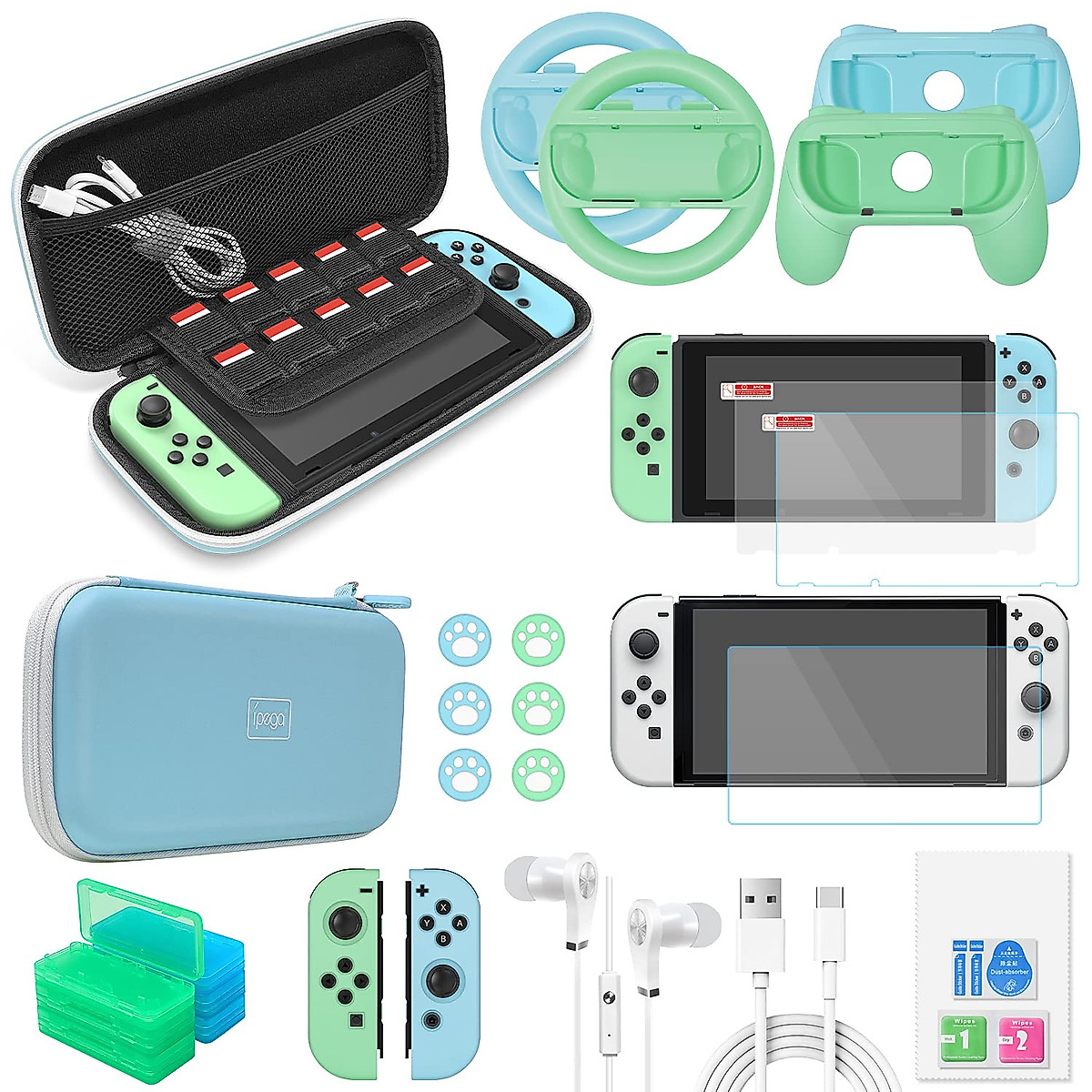 Accessories Bundle Compatible for Nintendo Switch OLED 2021, Essential Protection Kits with Carrying Case, Screen Protector, Cards Storage Case, Hand Grips, Cover for JoyCon & Thumb Grip Caps