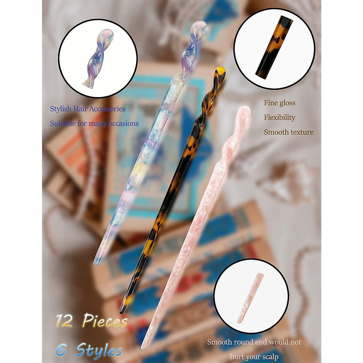 12 Pieces Acetate Hair Sticks Tortoise Shell Hairpin Leopard Shell Print Hair Sticks for Long Hair Chinese Hair Sticks Hair Styling Accessories Hair Chopsticks for Women Girls