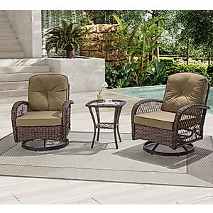 IMUsee Patio Furniture Set, 3 Pieces Swivel Rocking Chairs Outdoor Wicker Patio Bistro Set with Thick 4" Cushions, Brown & Khaki