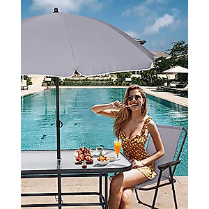 JOYTIO Folding Patio Dining Set, Garden Patio Furniture Set, 8-Piece Outdoor Dining Set with Tilted Removable Umbrella, 6 Folding Chairs, and 1 Rectangular Tempered Glass Table – Grey