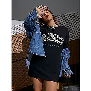 SOLY HUX Women's Letter Print Half Sleeve Tee Casual Summer Oversized T Shirt Top Black L