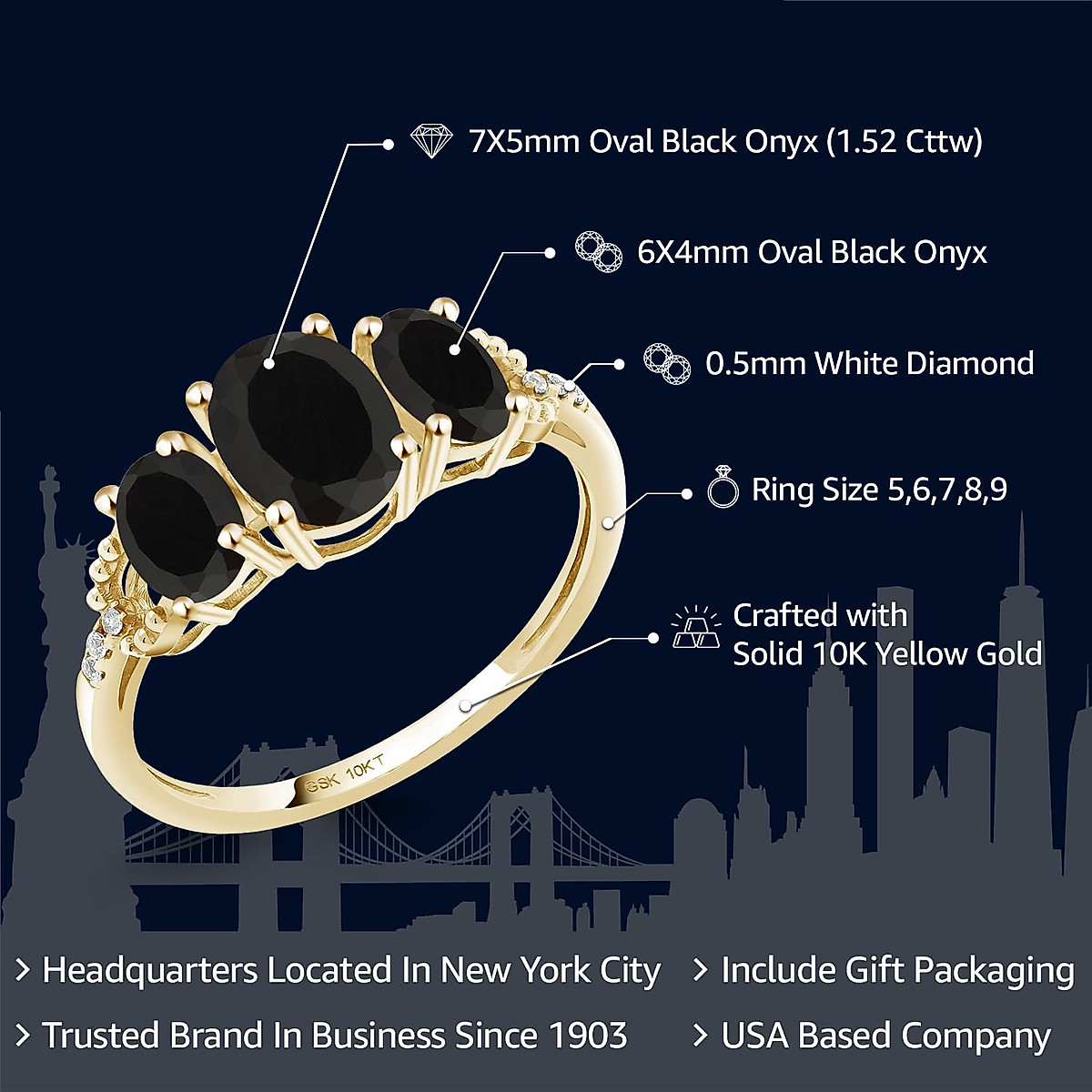 Gem Stone King 10K Yellow Gold Oval Black Onyx and Diamond Accent Engagement Ring For Women (1.52 Cttw, Gemstone Birthstone, Available In Size 5, 6, 7, 8, 9)