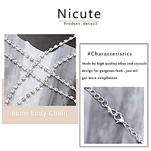 Nicute Rhinestone Body Chain Jewelry Silver Crystal Bra Chain Sparkly Bikini Beach Chest Chain for Women (Silver)