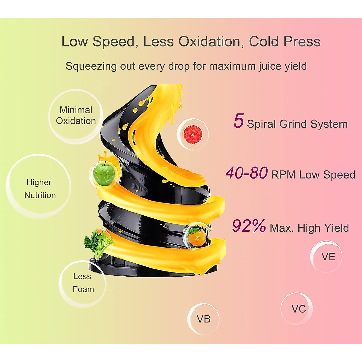 Qvin Compact Slow Masticating Juicer machines 3inch Large Feed Chute, Easy to Clean, BPA Free, 200W Nutritional electrical Cold Press Juicer machine vegetable and fruit,Deluxe Silver-gray