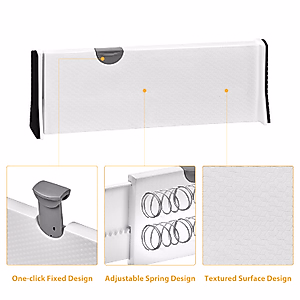 JONYJ Drawer Dividers Organizer 5 Pack, Adjustable Separators 4" High Expandable from 11-17" for Bedroom, Bathroom, Closet,Clothing, Office, Kitchen Storage, Strong Secure Hold, Foam Ends（White）