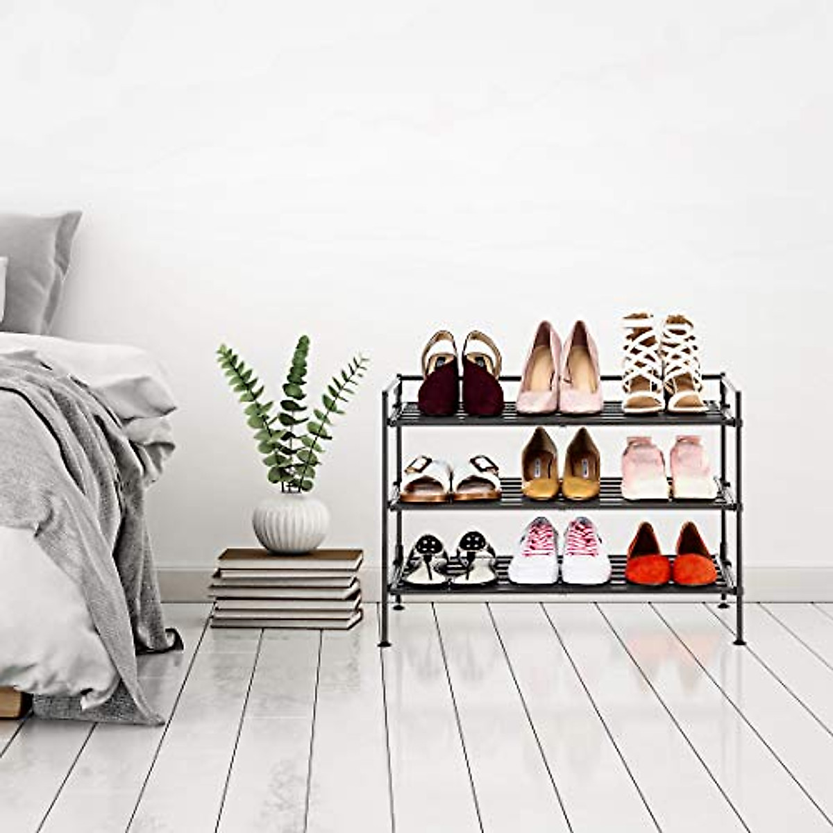 Seville Classics Sturdy Freestanding Storage Shelf for Bedroom, Closet, Entryway, Dorm Room Organizer, Stackable Durable Metal Shoe Rack, Ash Gray Slat, 3-Tier