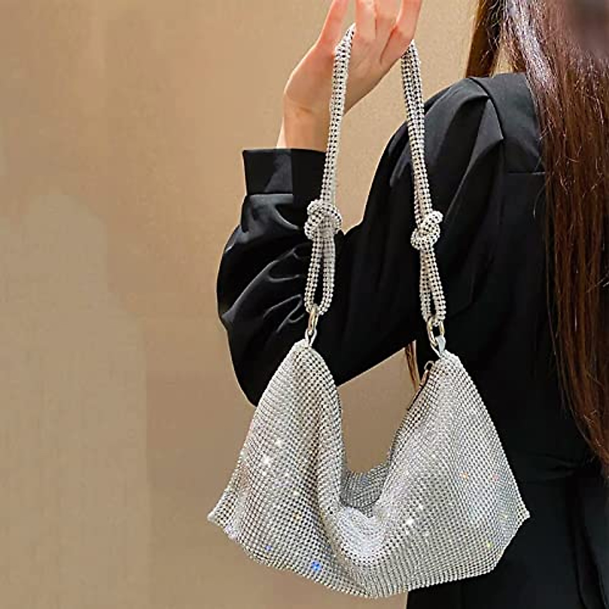 Fonzci Rhinestone Purses for Women, Silver Crystal Evening Bags Shiny Hobo Bag for Evening Party Club Bling Wedding Travel Proms Gifts Purse Shoulder Bag