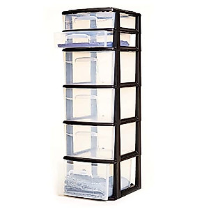 Homz Plastic 6 Clear Drawer Medium Home Storage Container Tower with 4 Large Drawers and 2 Small Drawers, Black Frame