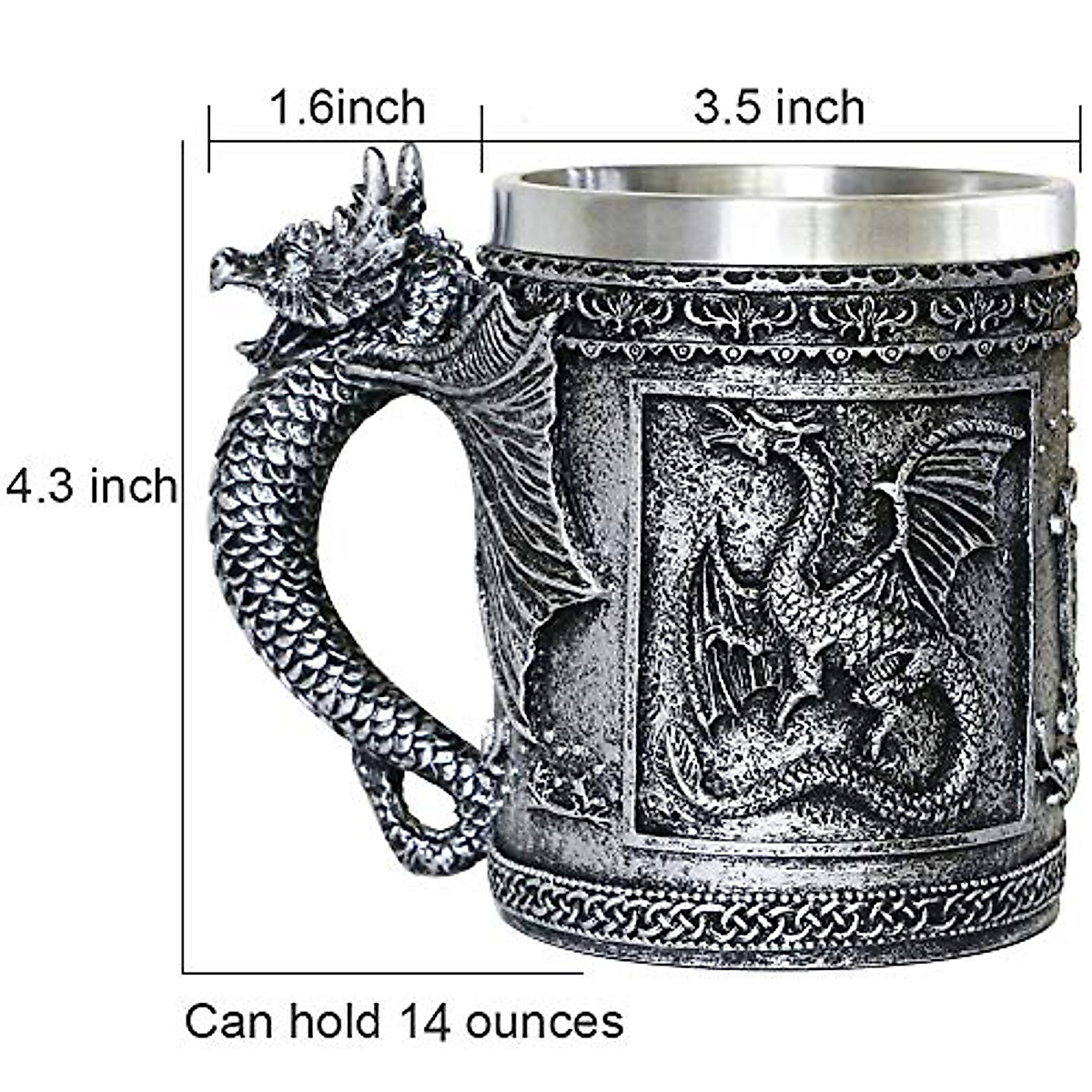 Medieval Roaring Dragon Mug - Dungeons and Dragons Beer Stein Tankard Drink Cup - 14oz Stainless Coffee Mug for GOT Dragon Lovers Collector - Ideal Novelty Gothic Father Day Gift Party Decoration
