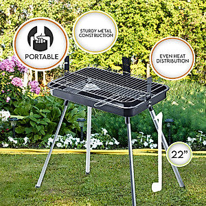 PAMI Portable BBQ Charcoal Standing Grill - 22” Rectangle Medium Grill For Courtyard, Backyard Patio, Camping, Tailgating & Picnics- Lightweight Metal Outdoor Cooking Grill For Steaks, Veggies & More