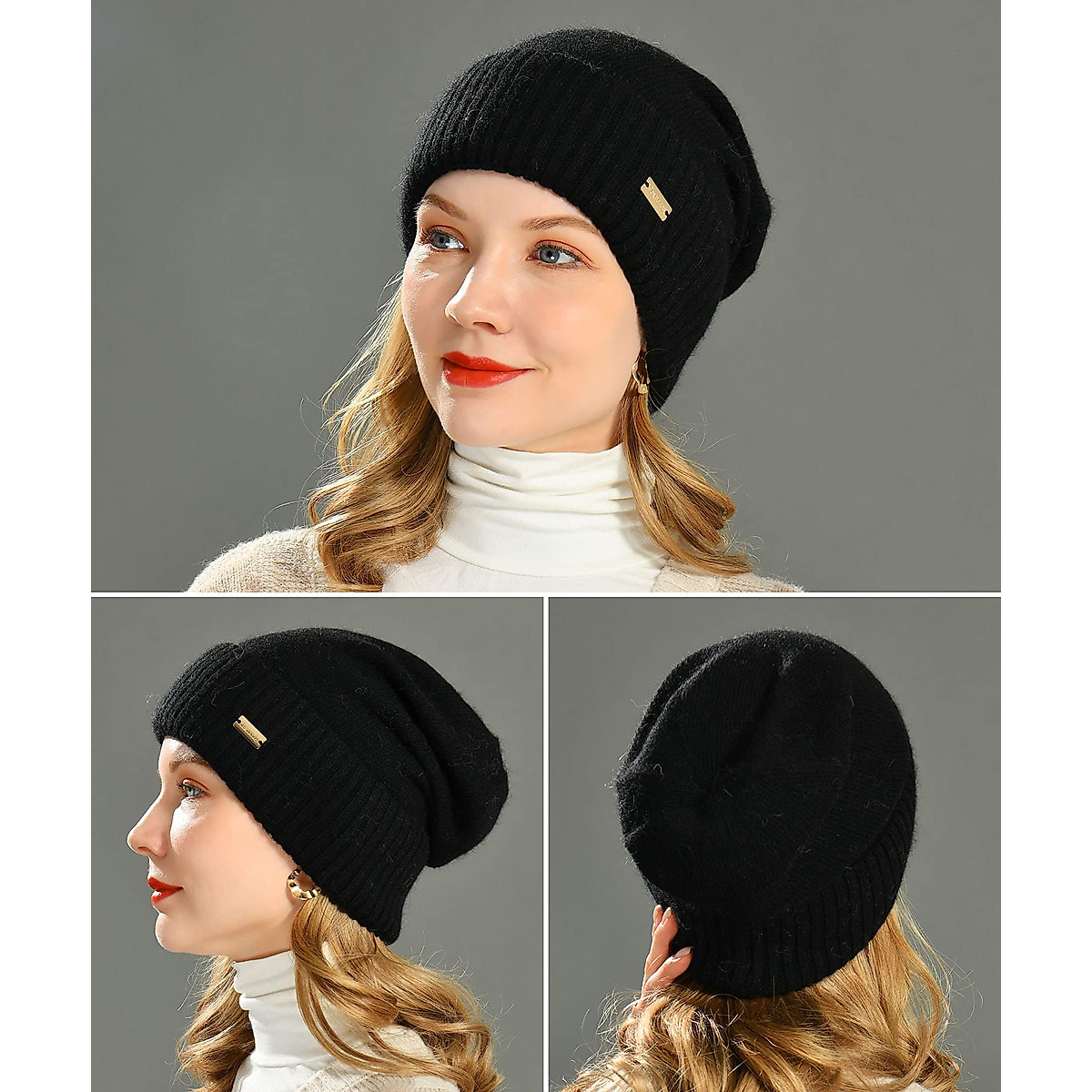jaxmonoy Cashmere Slouchy Beanies for Women Winter Lightweight Girls Wool Knit Hat Cuffed Soft Warm Slouch Beanie Cap - New Black