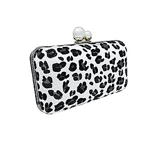 Plush Evening Bag for Women Stylish Leopard Print Handbag Pearl Chain Purse for Party Prom White