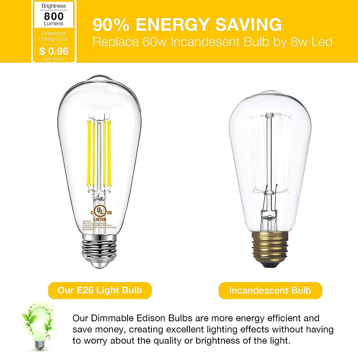 DAYBETTER 10 Pack LED Lights, Vintage LED Edison Bulbs 60 Watt Equivalent, ST58 Antique LED Filament Light Bulbs, E26 Dimmable LED Bulb with Natrue White 5000K, Brightness 8W, 800LM, Clear Glass