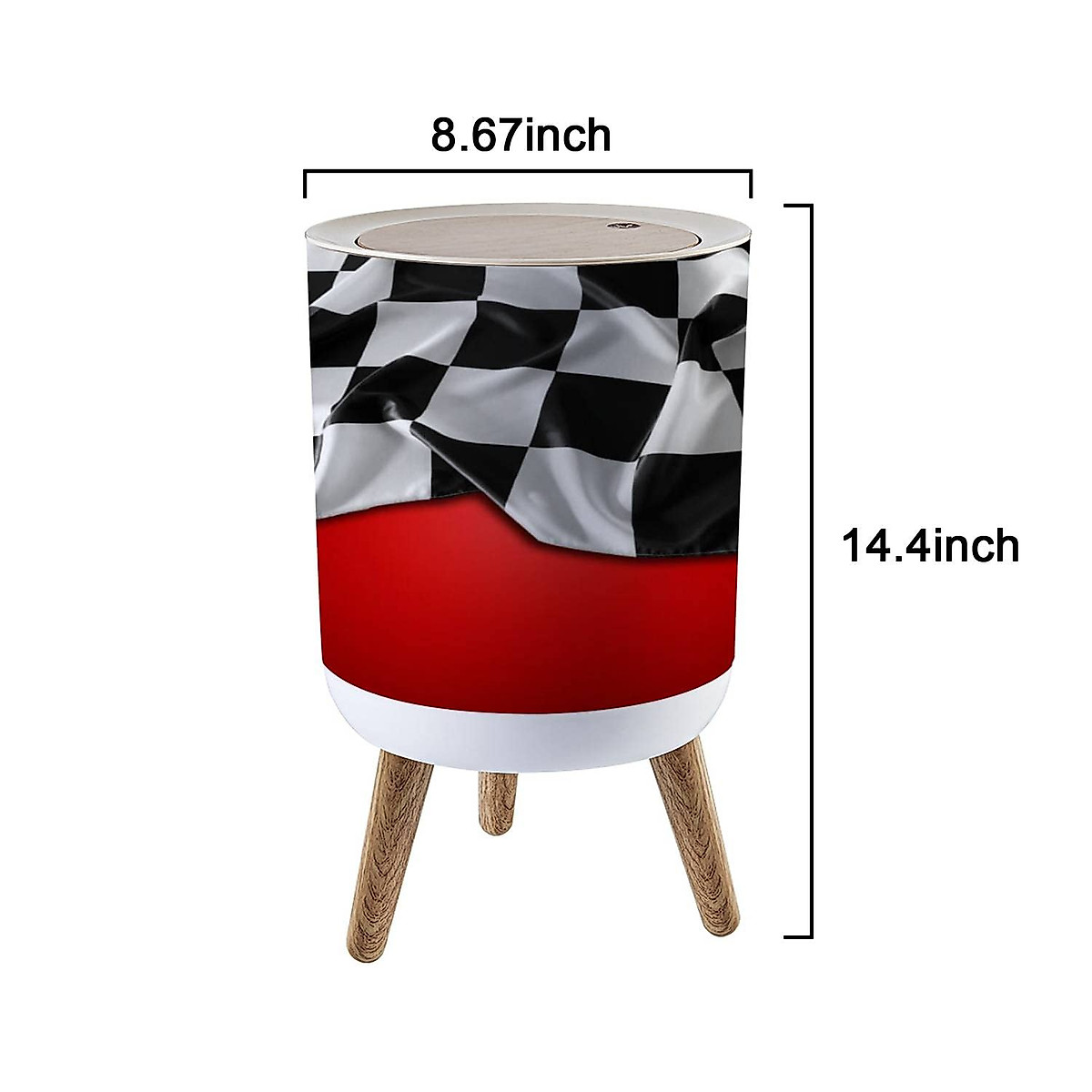 SHL96PZGX Small Trash Can with Lid Checkered Flag on red with Wood Legs Wastebasket Round Garbage Bin for Kitchen, Bathroom, 1.8 Gallon - 7L