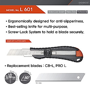 Pack of 10, DORCO Professional Quality Utility Box Cutter Knife S601 - Solid Screw-Lock Safety System Wheel Type, Large, Retractable, Built-In Snap-Off Tool, Replaceable Carbon Steel Blade - 18mm