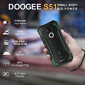 DOOGEE Rugged Smartphone 2023, S51 NFC Android 12 Rugged Phones, 4GB+64GB SD 512GB, 5180mAh Battery, Dual SIM 4G, 6.0" IPS HD Rugged Phones Unlocked, IP68 Waterproof, GPS Outdoor Rugged Android Phone