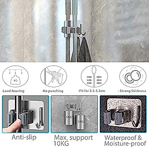 Mop Broom Holder No Drill SUS304 Stainless Steel, HOMEASY Mop Broom Organizer Wall Mounted Heavy Duty with Hooks Hanger, Storage Rack Self Adhesive 4Pcs for Bathroom, Kitchen, Office, Silver