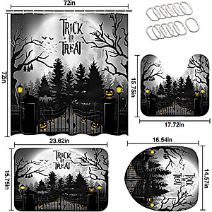 4PC Halloween Bathroom Set, Spooky Graveyard Shower Curtain Set with Shower Curtain and Rugs and Accessories,Bat Cartoon Cat Bathroom Decor with Soft Non-Slip Bath Mat and Toilet Lid Cover Mat