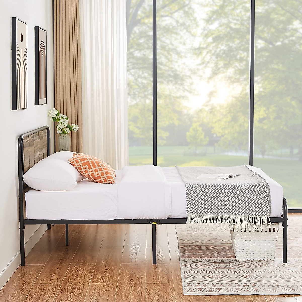 VECELO Queen Size Metal Platform Bed Frame with Wooden Headboard,Sturdy Steel Slats Support/Matress Foudation/No Box Spring Needed(Grey Slate)