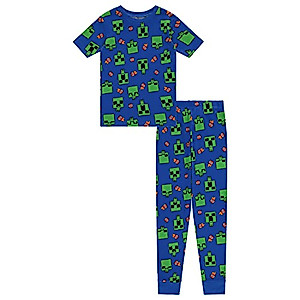 Minecraft Mojang Boys Pajamas Set - 4 Piece Short Sleeve Pajamas Set Creeper Pajamas (Navy Green, 8)