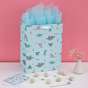 13” Large Light Blue Bag Set with Greeting Card and Tissue Paper (Dinosaur-themed Design) for Boys’, Girls', or Kids' Party, Baby Showers, Baby Girl, Baby Boy, Newborn, New Moms or Parents-10.2” x