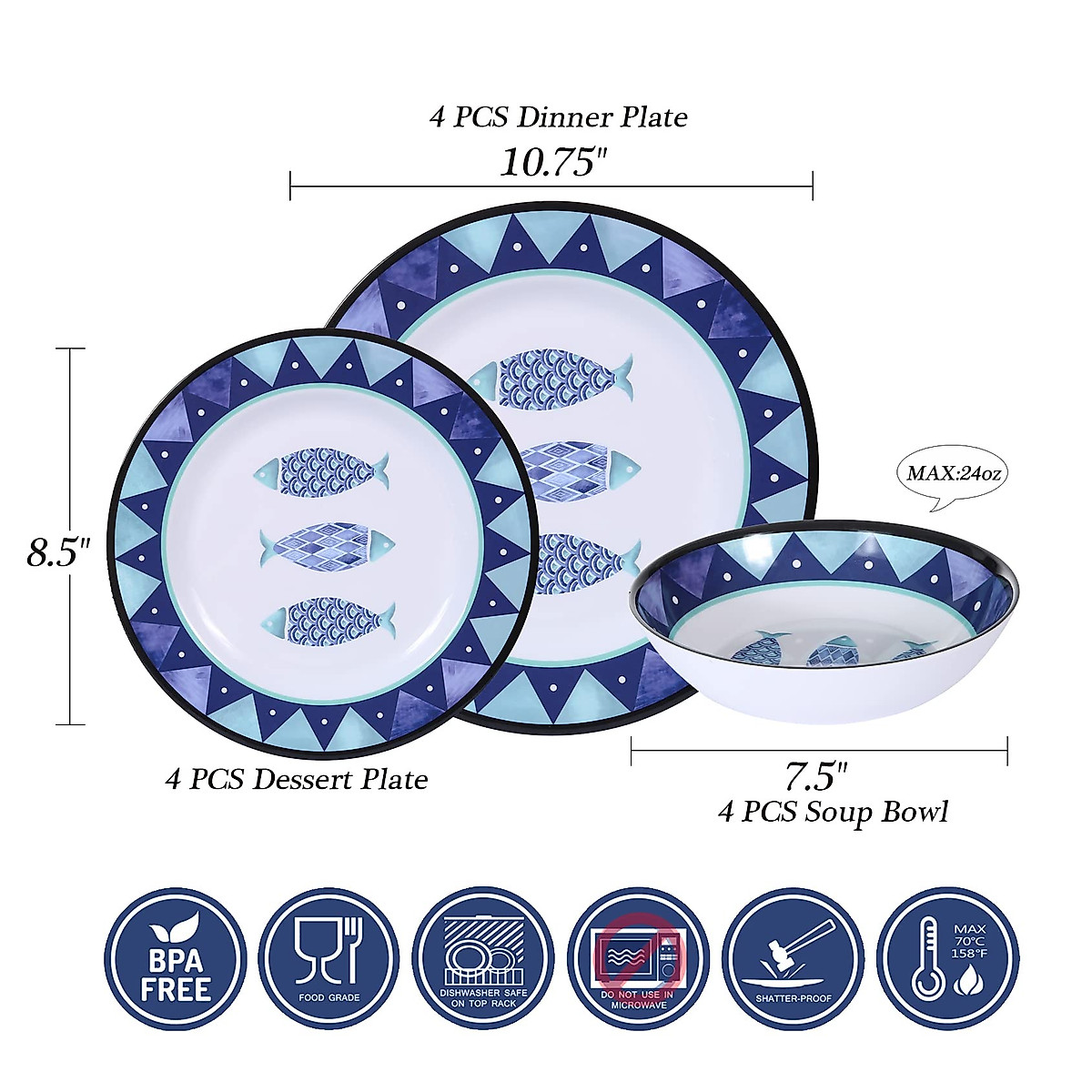 12-Piece Melamine Dinnerware Set,Includes Dinner Plates,Salad Plates Bowls Service for 4,Reusable Picnic Tableware Dinnerware for Summer Outdoors,Dishwasher Safe (Nautical fish)