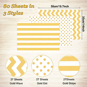 80 Sheets Gold White Tissue Paper Bulk - Artdly 14"x20" Metallic Tissue Paper Gift Wrap Paper Set with Stripe, Polka Dot, Wave Gold Design Patterned for Birthday, Graduation, DIY and Craft, Gift Bags