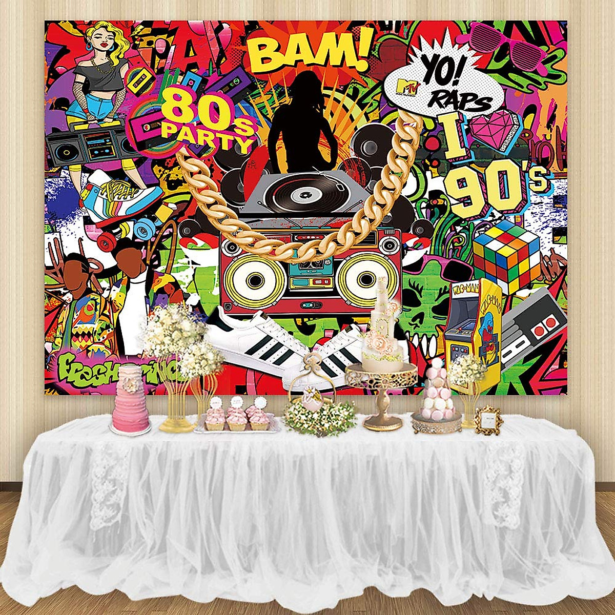 Maijoeyy 7x5ft 80's 90's Backdrop Hip Hop Backdrops for Photography Graffiti Wall I Love The 80S 90S Backdrop for Party Dj Gold Chain 80s 90s Party Decorations 90s backdrops for Photoshoot