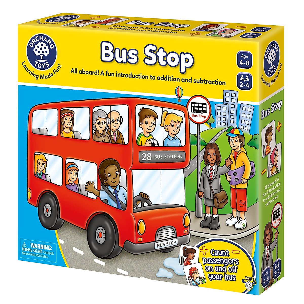 Orchard Toys Moose Games Bus Stop Game. A Fun Introduction to Addition and Subtraction. Pick up and Drop Off Passengers on Your Bus. for Ages 4-8 and for 2-4 Players