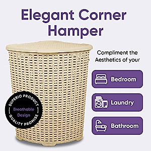Plastic Corner Laundry Hamper with Lid, Curved Designed Laundry Basket, 2 Pack Triangle Beige Cloths Hamper Organizer with Cut-out Handles for Laundry Room Bedroom Bathroom, Wicker Design, 50 Liter