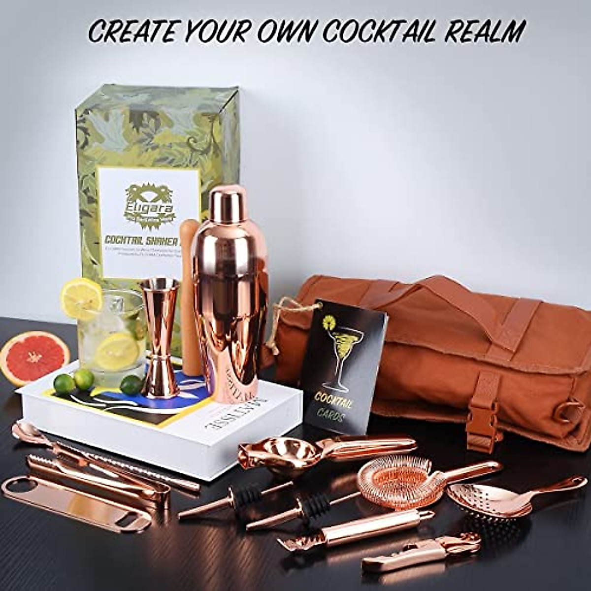 Travel Bartender Kit with Bag | 17-Piece Copper Bar Tool Set & Portable Bar Bag with Shoulder Strap for Easy Carry and Storage | Best Rose Gold Travel Bar Set for Cocktail Making
