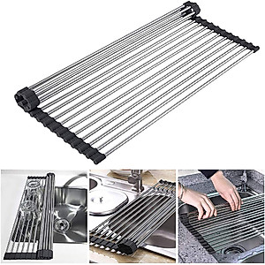 Rcdegk Roll Up Dish Drying Rack Over The Sink Kitchen Counter, The Multipurpose Sink Dish Drainer Mat for Fruits and Vegetable Rinser,Durable Silicone Covered Stainless Steel Rod,Large - 20.5" x 16"