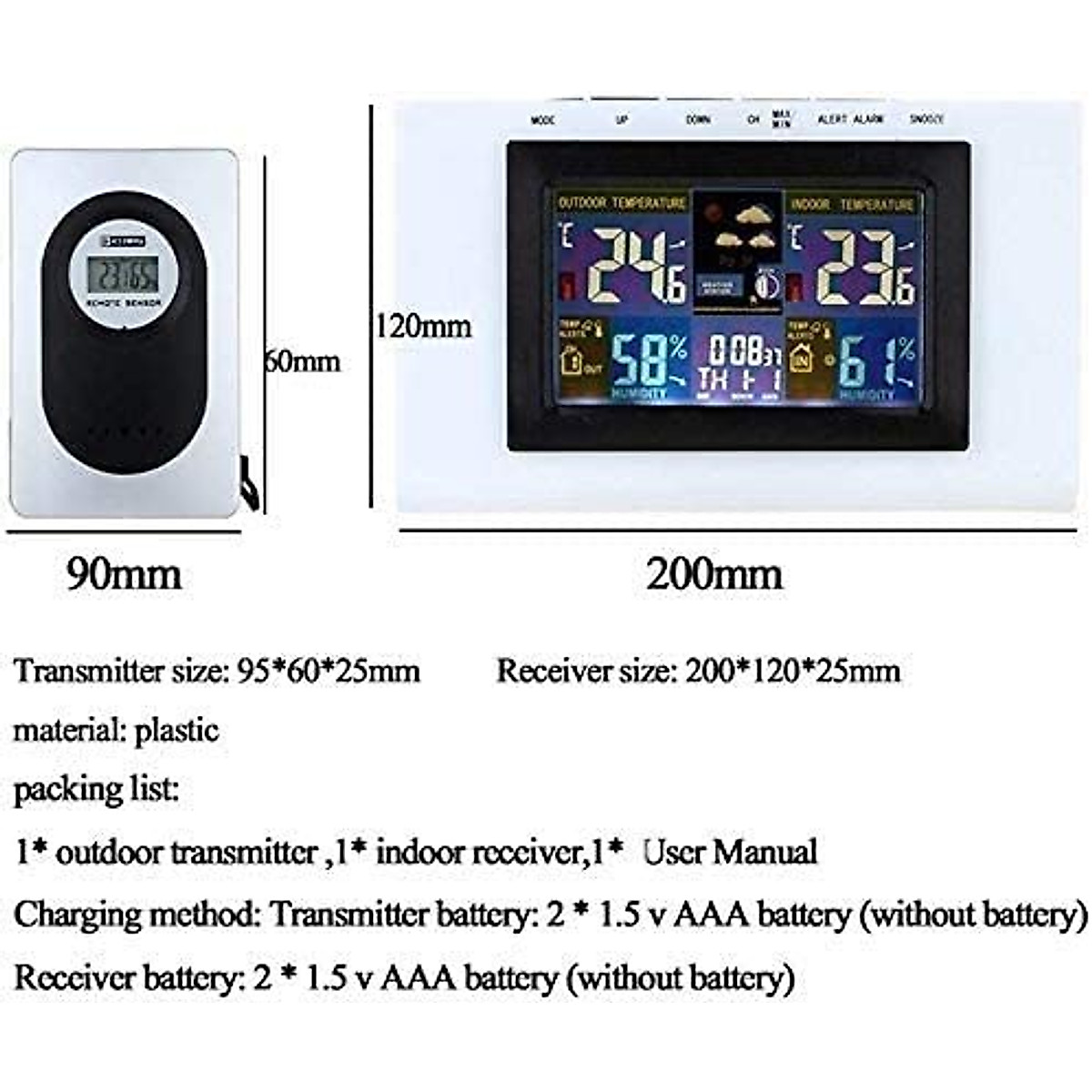 QHYXT Weather Stations Wireless Indoor Outdoor Thermometer Hygrometer, with Color Screen, Alarm Clock,Humidity Weather Forecaster with Remote Senso