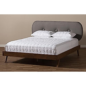 Baxton Studio Penelope Mid-Century Modern Solid Walnut Wood Grey Fabric Upholstered Full Size Platform Bed