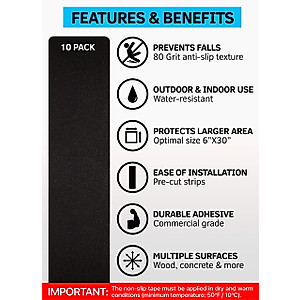 8”x30” Stair Treads Non-Slip Outdoor Tape – (10-Pack) Black Anti-Slip Strips