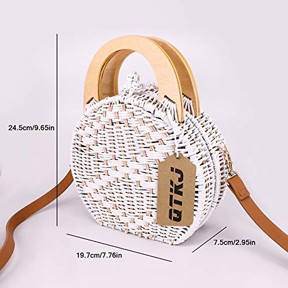 QTKJ Hand-Woven Round Rattan Wooden Handle Tote Bag Summer Beach Straw Crossbody Bag Shoulder Bag with Adjustable Leather Shoulder Strap (White)