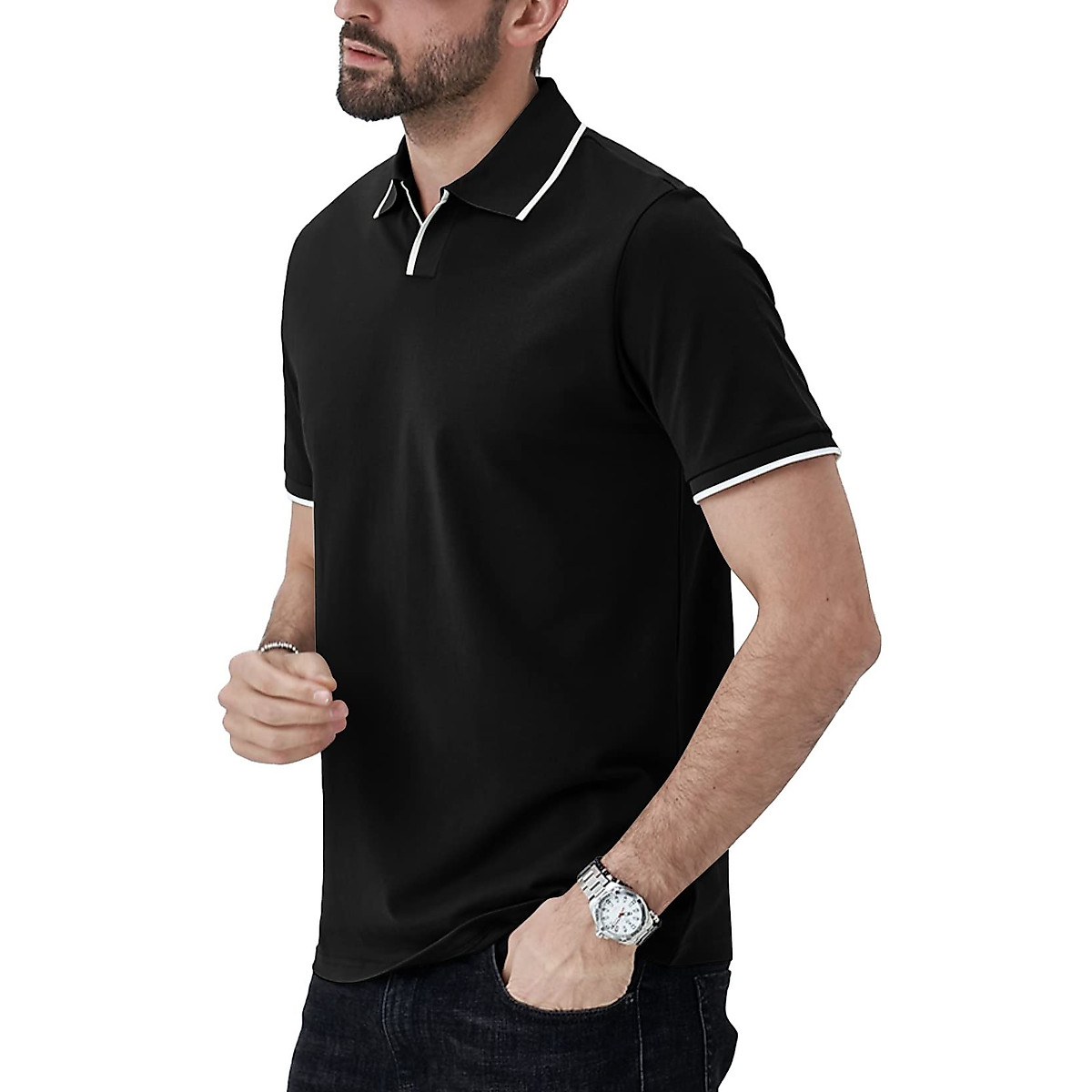 Aiyino Men's Muscle V Neck Polo Shirts Slim Fit Short Sleeve Cotton Golf T-Shirts Ribbed Knit Soft Tees Black-Large