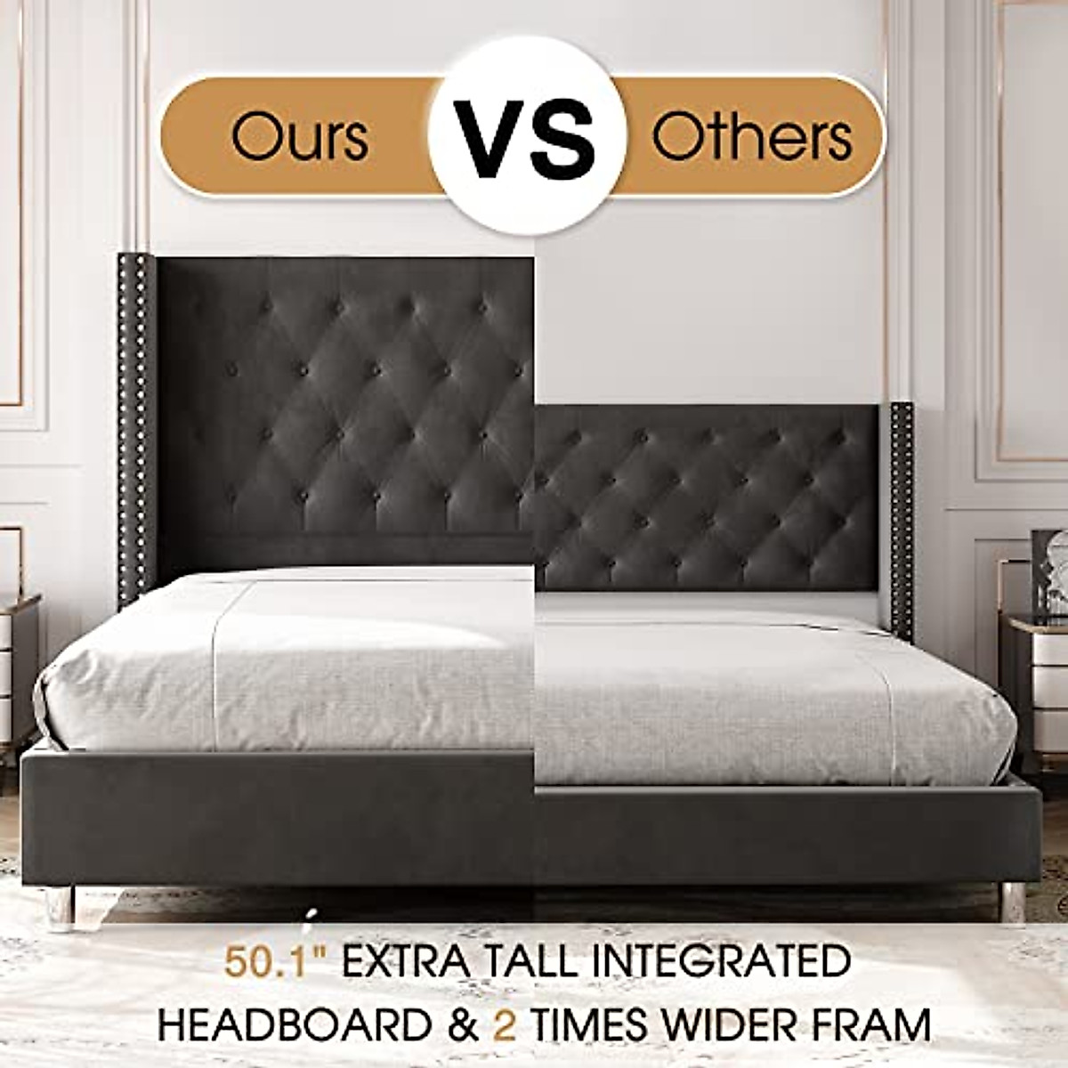 PaPaJet Tufted Upholstered Platform Bed Frame King Size Velvet Low Profile Platform Beds Raised Wingback Headboard with Strong Wooden Slats/Mattress Foundation/Easy Assembly, Dark Grey