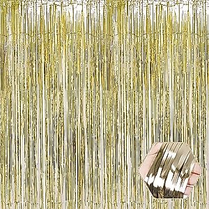 3 Pack Light Gold Foil Fringe Curtain Backdrop, 3.28Ft x 8.2Ft Metallic Tinsel Foil Fringe Streamer Curtains for Photo Booth, Halloween, Christmas, Birthday, Wedding Party Decorations
