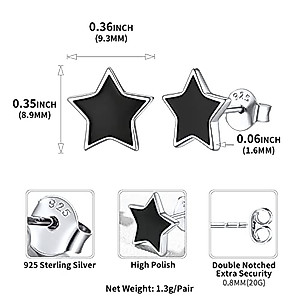 ChicSilver 9MM Simple Small Black Stud Earrings 925 Sterling Silver Star Earrings Hypoallergenic Black Earrings for Women Sensitive Ears