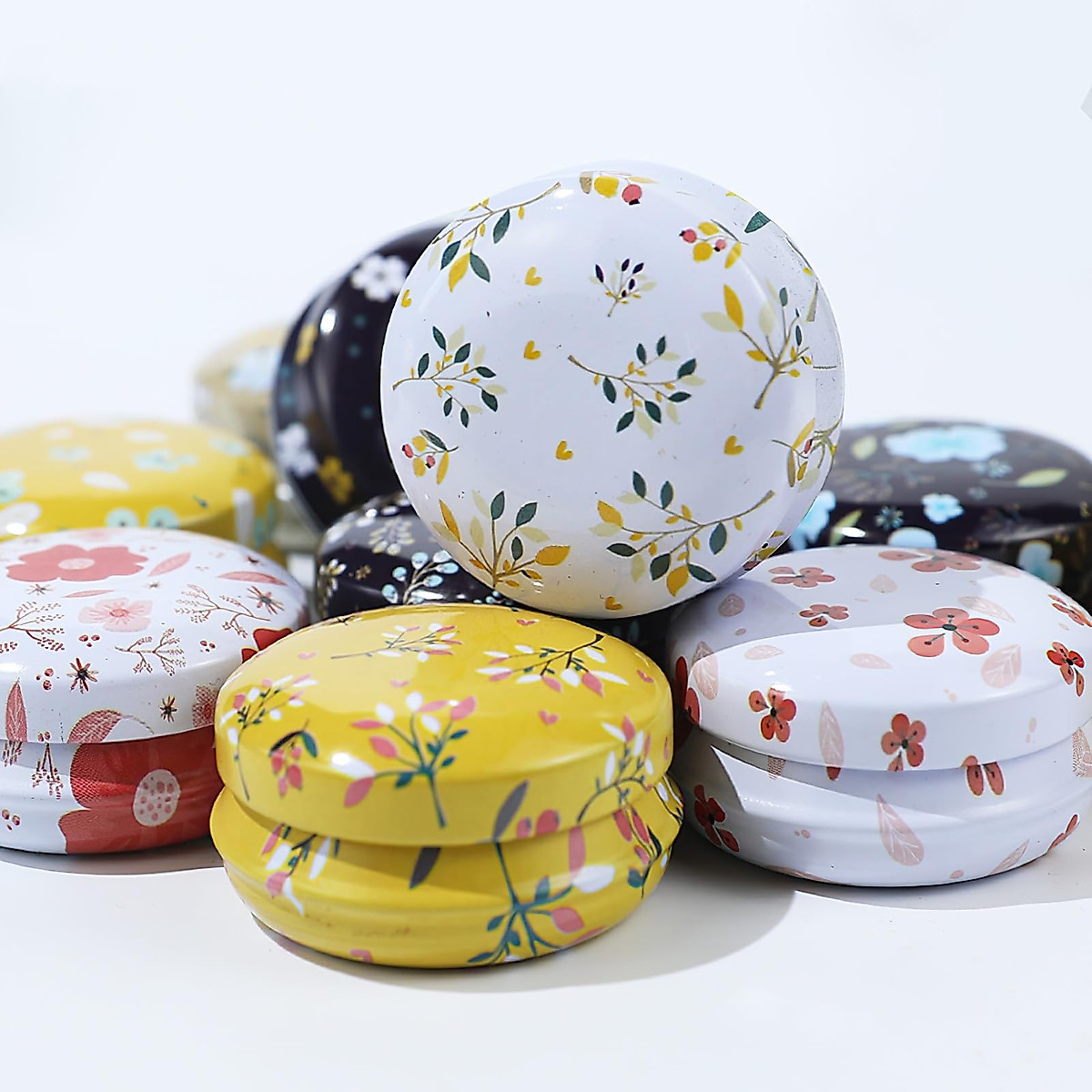 Rarapop 12 Pack Reusable Mini Round Tinplate Candle Tin Jars with Lids, 20ml Small Flower Travel Tin Cans Refillable Empty Container Bottle for Lip Balm, Salve, Eye Shadow, Powder