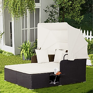 RELAX4LIFE Patio Outdoor Daybed with Canopy, Wicker Sunbed w/Cushions, 4 Pillows & 2 Retractable Side Trays, 2-Person Lounge Bed Conversation for Poolside Porch Garden, Rattan Outdoor Bed (Off White)