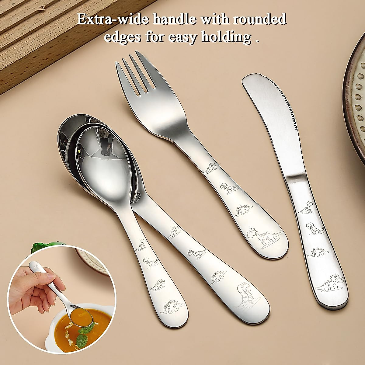Evanda Toddler Utensils, 4 Pieces Stainless Steel Toddler silverware set, Kids Utensils Forks and Spoons, Mirror Polished Smooth Round Tableware and Dishwasher Safe