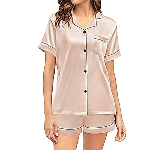 SWOMOG Couple Matching Pajamas Sets Women & Men Button Down Silk Pjs Short Sleeve Soft Lounge Sets 2 Pcs Loungewear Champagne