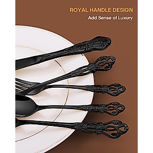 EUIRIO 40 Pieces Royal Silverware Set Black, Retro Flatware Set for 8, Stainless Steel Cutlery Set with Luxury Forks Spoons and Knives, Utensils Set Mirror Polished, Dishwasher Safe