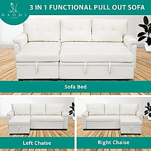 Naomi Home Transform Any Space: Sleeper Sectional Sofa with Convertible Sofa Bed & Inviting Chaise. Find Tranquil Comfort with Stress-Relieving Design & Durable Cushions - White/Air Leather