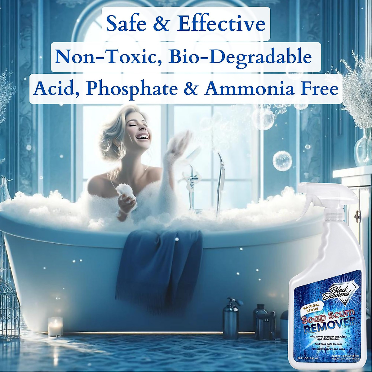 Black Diamond Stoneworks Natural Stone Shower Soap Scum Remover Spray. For Cleaning Bathtubs, Glass Doors, Tubs, Travertine, Marble, Tile. Heavy Duty, Safe Acid-Free Cleaner. Safe for fixtures.