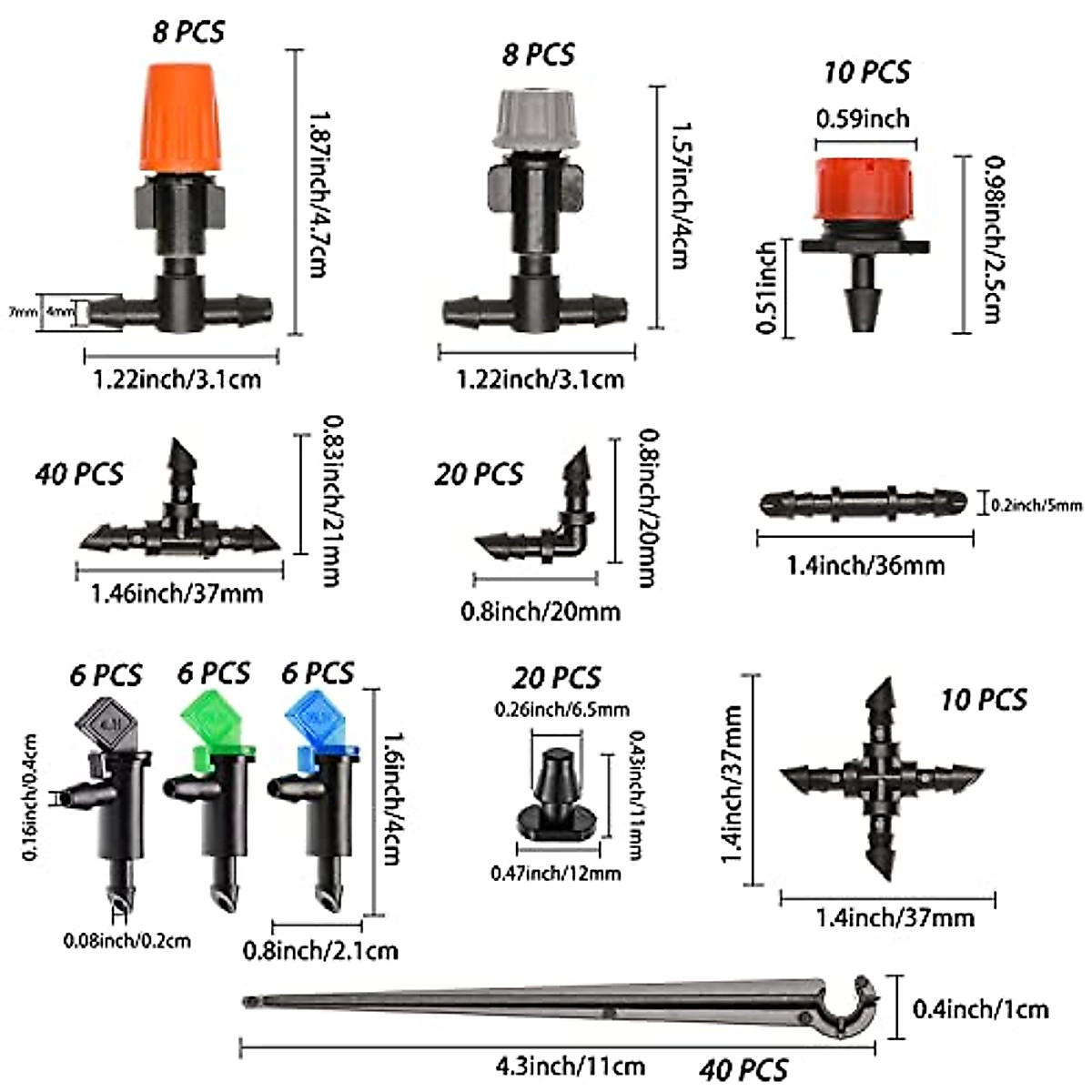 190 Pcs Barbed Connectors Irrigation Fittings Kit,Drip Irrigation Barbed Connectors 1/4''Tubing Fittings Kit for Flower Pot Garden Lawn(Straight Barbs,Single Barbs,Tees,Elbows,End Plug,4-Way Coupling)